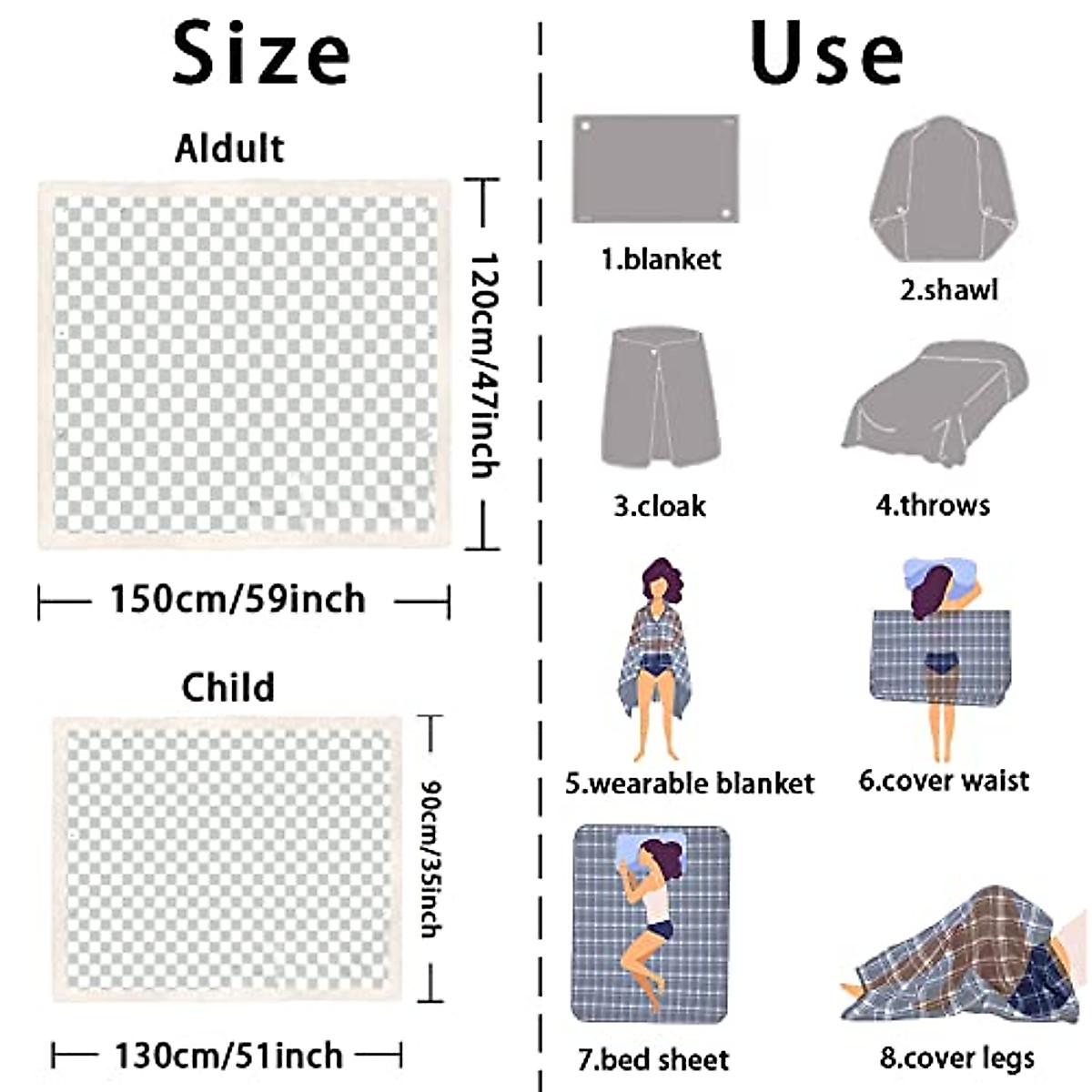 Wearable Blanket Adult with Buttons Plaid Throw Blanket Super Soft Plush Fleece Office Blanket for Women Work Lap Blanket (grey, 150 * 120cm)