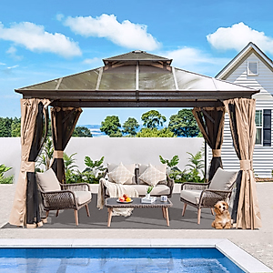 Domi Outdoor Living 12’ x 12’ Hardtop Gazebo, Outdoor Aluminum Frame Canopy with Polycarbonate Double Roof, Outdoor Permanent Metal Pavilion with Curtains and Netting for Patio, Backyard and Lawn