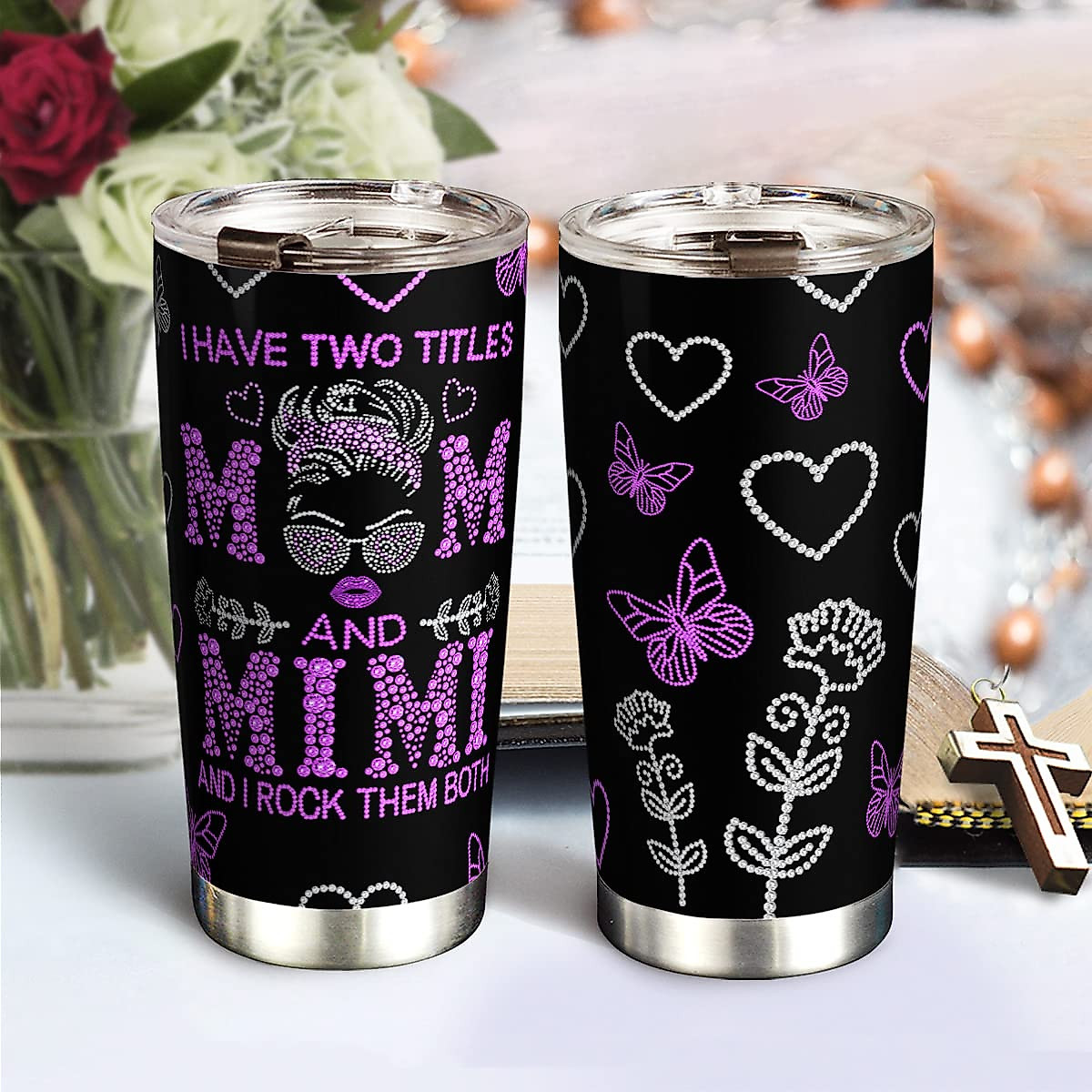 20oz Purple Jewelry Crystal Butterfly Flowers Mom and Mimi Tumbler, Mother, Grandma, Nana Gifts, Coffee Thermos for Women, Stainless Steel Double Wall Vacuum Insulated Coffee Mug, Travel Cup with Lid