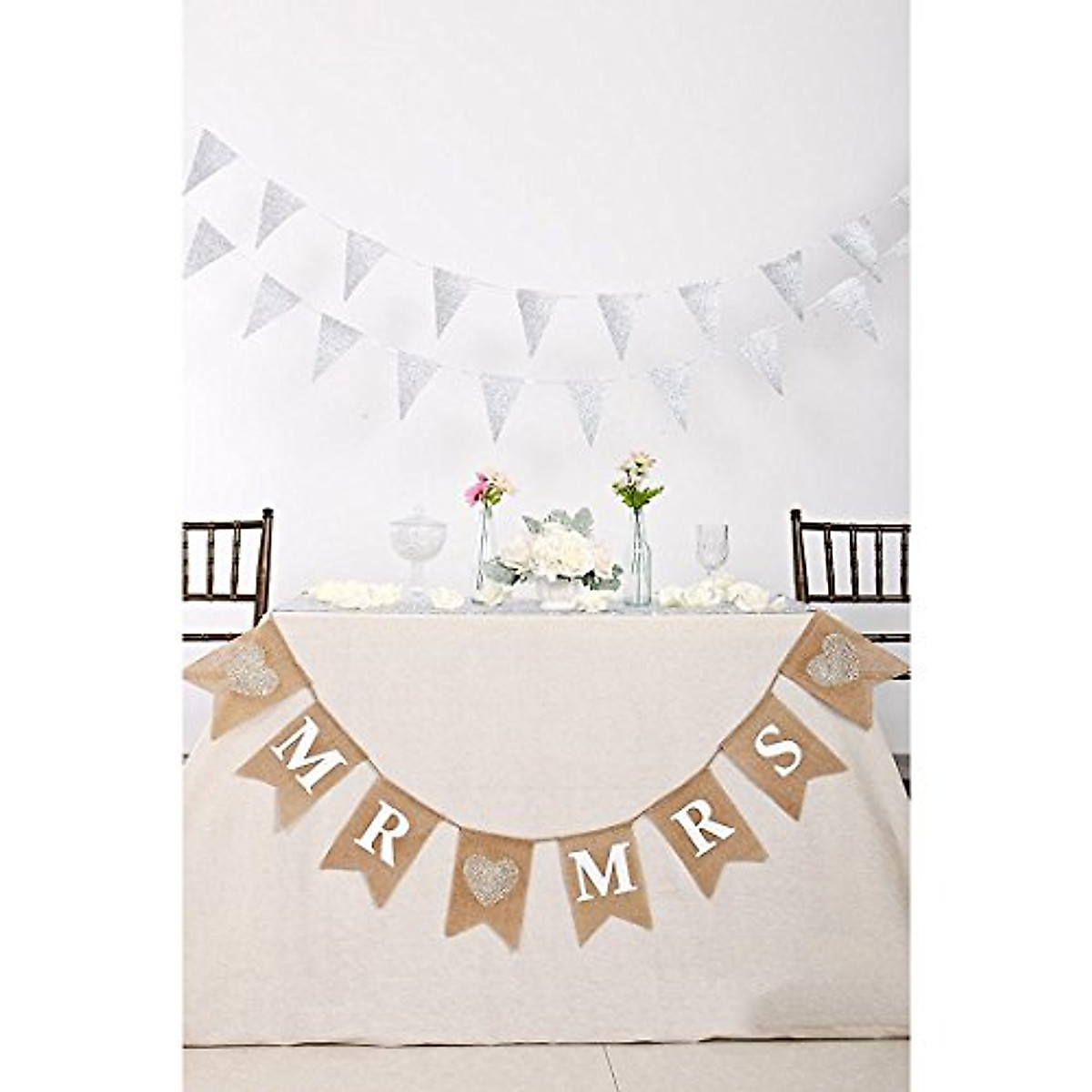 Koker MR and MRS Burlap Flag Garland for Wedding Banner, Bridal Shower, Engagement Photo Prop Backdrop Decorations, 8pcs