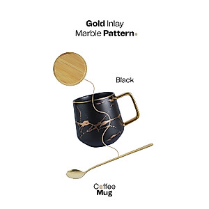 Classic Ceramic Kintsugi Style Black Coffee Tea Mug with Gold Inlay, Spoon and Bamboo Lid- 12 OZ, Large Mugs for Men and Women, Unique Design, Perfect Novelty Gift- Dishwasher Safe