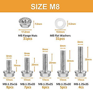M8-1.25 x 16/20/25/30/35mm Flanged Hex Head Bolts, VIGURE 90PCS M8 Flange Hexagon Screws Serrated Flange Nuts Washers, Stainless Steel 18-8 (304), DIN 6921