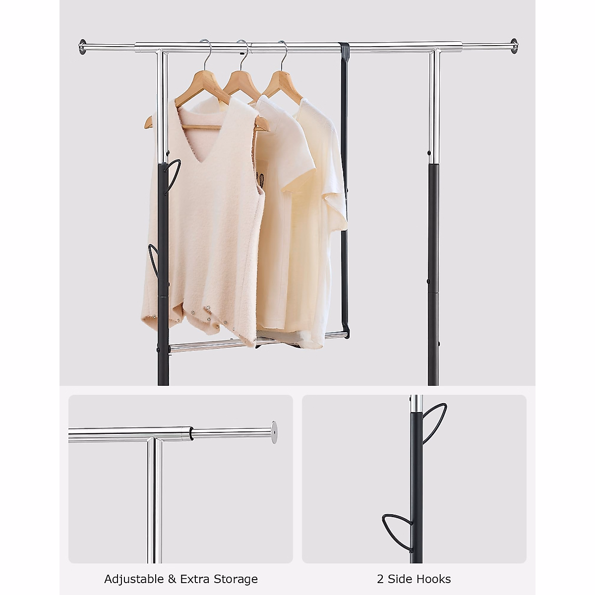 FAVOOSTY Clothing rack adjustable for kids, Heavy Duty Double Rod Design,Garment Rack Rolling, Clothes Organizer on Wheels, Clothes Rack Hanging Dismantle, Extra Space, Pants Scarves Dress Suits Black
