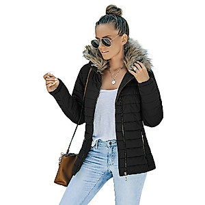 Vetinee Women Casual Faux Fur Lapel Zip Pockets Quilted Parka Jacket Puffer Coat Coatigan Jackets for Women Black Large (Fits US 12-US 14)