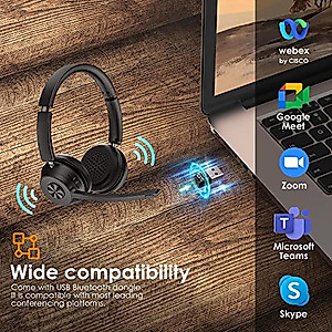 Bluetooth Headset V5.1, Wireless Headset with Noise Canceling Microphone, 40 Hrs Work Time Office Headset with Bluetooth Dongle & Charging Base, AptX HD On-Ear Headphones with Mute Button