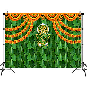 India Pooja Traditional Backdrop for Photography Marigold Green Banana Leaf Chatiya Ganesh Traditional Festival Background Puja Ganpati Wedding Party Decorations Photo Props (7x5FT)