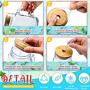 12 Set Mason Jar Cups Mason Jars with Handle Glass Cups with Lids and Straws Reusable Mason Jar Drinking Glasses Wide Mouth Mason Jar Mugs with Cup Cleaning Brush for Iced Coffee Smoothie Tea (16 oz)