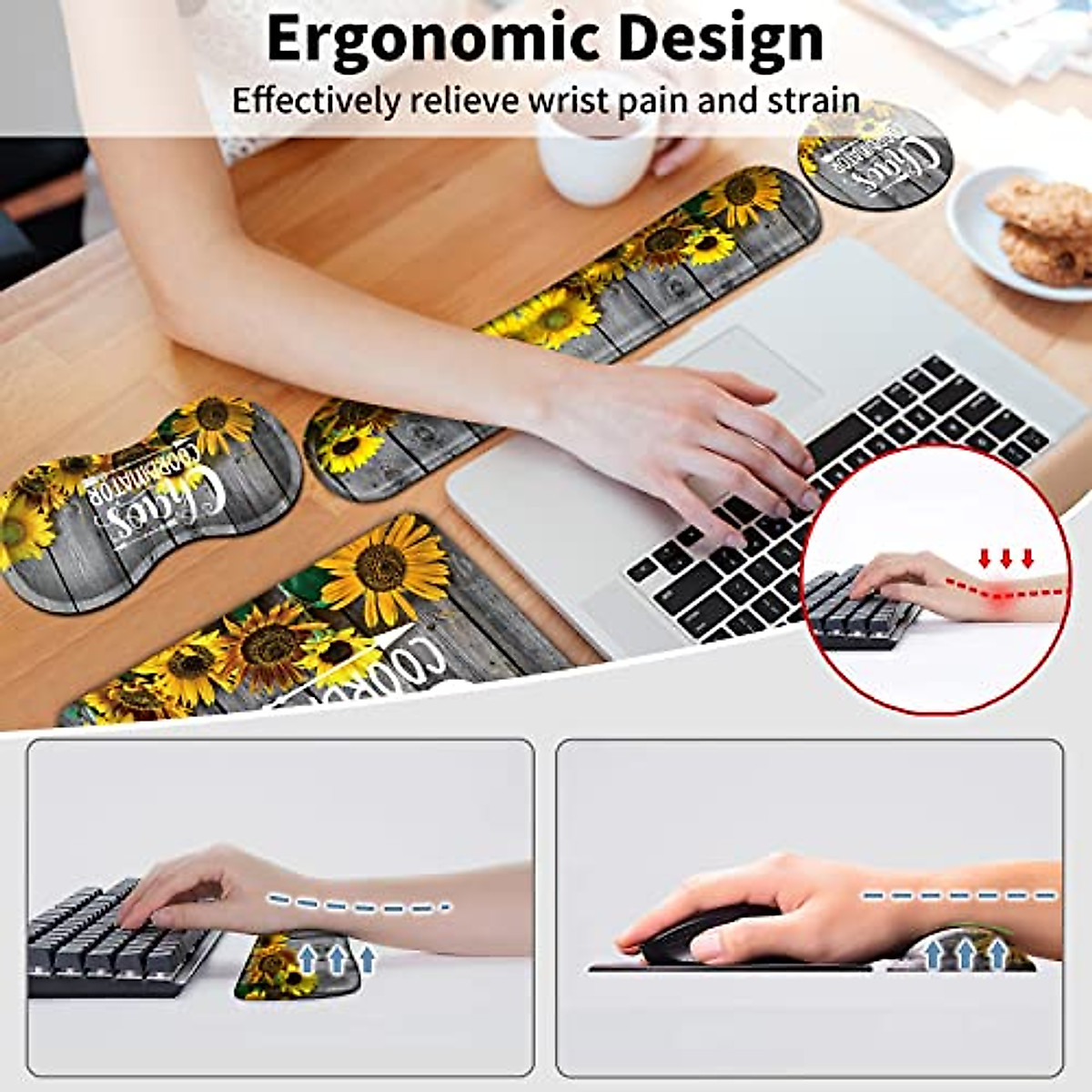 Keyboard Wrist Rest + Mouse Pad + Mouse Wrist Rest Support + Coaster Set, Ergonomic Memory Foam Mouse and Keyboard Pad Set for Laptop Computer Office Home Working Gaming,Sunflower Chaos Coordinator