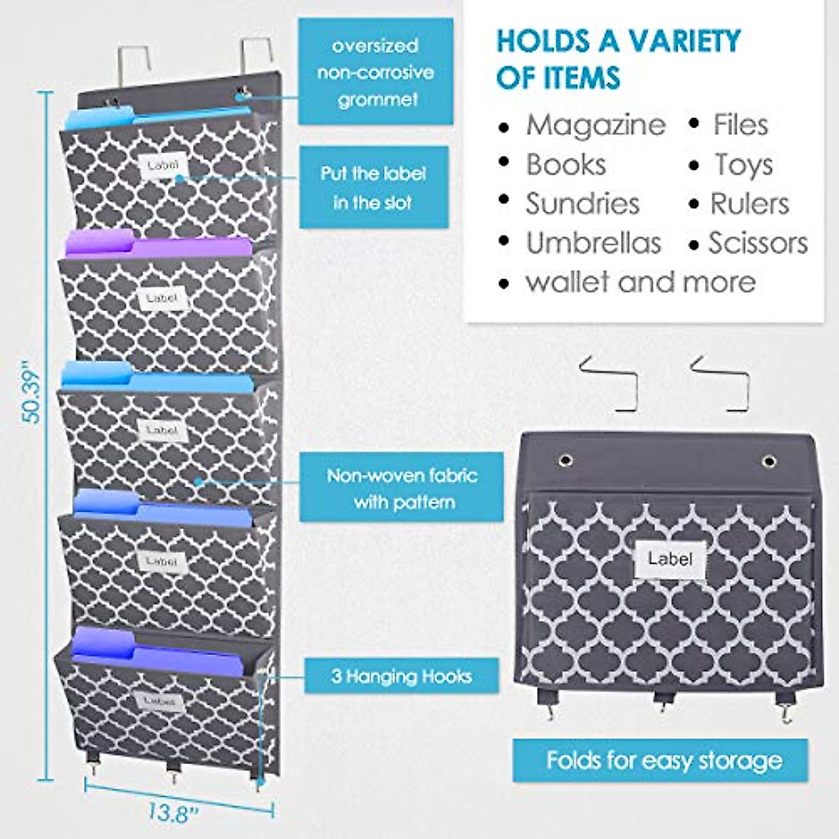 Hanging File Organizer, Over Door File Organizer Wall Mounted Storage Holder Pocket for Magazine, Notebooks, Planners, Mails, Office, Classroom, 5 Extra Large Pockets with Labels, 50.39" H, Grey with Lantern Pattern