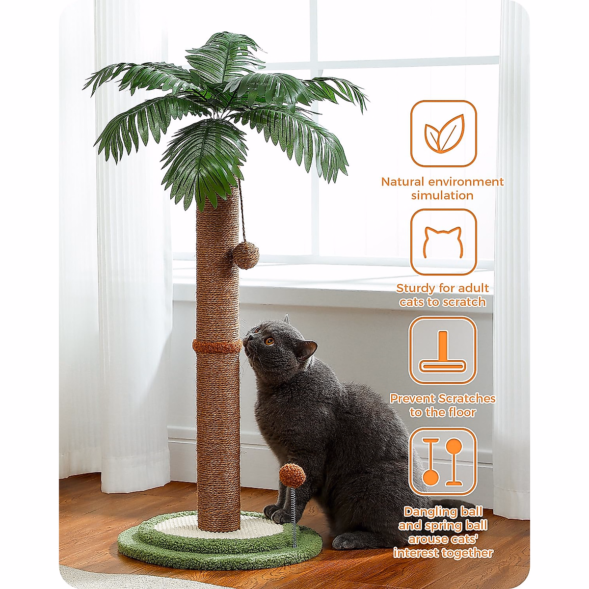 PETEPELA Cat Scratching Post, 33" Tall Cat Scratcher for Large Cats with Interactive Balls& 100% Sisal Covered Kitten Scratch Posts for Indoor Cats(Brown)