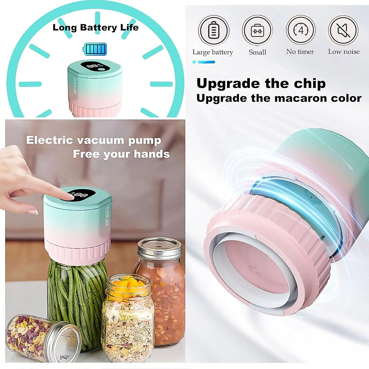 Everjar - Mason Jar Vacuum, Electric Mason Jar Vacuum Sealing Kit, 2 in 1Fully Automatic Suction Stop Food Storage Vacuum Sealer for Wide Mouth and Regular Mouth Mason Jars, Black