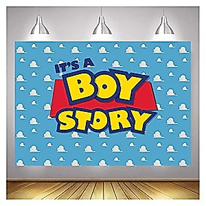XLL Cartoon Boy It's a Boy Story Photography Backdrop Birthday Party Photo Background Blue Sky White Clouds Photography Backdrops Baby Shower Kids Hero Photo Booth Studio Props 7x5ft