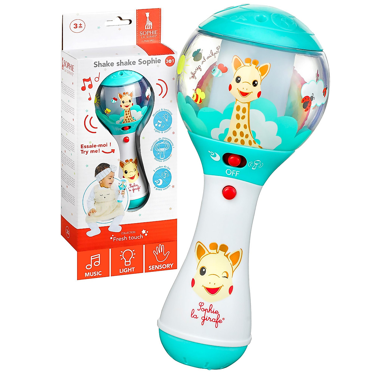 Sophie la girafe | Shake Shake Rattle | Fun & Easy to Grasp Rattle with a Motion Detector | 4 Different Musical Modes for Playtime & 6 Melodies to Soothe Baby to Sleep