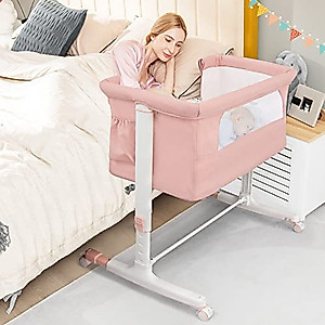 BABY JOY Bassinet Bedside Sleeper, 3 in 1 Folding Crib w/Adjustable Height, Mattress, Lockable Wheels, Storage Pocket & Carry Bag for Infant Newborn, Stationary & Rock, Portable Baby Bassinet (Pink)