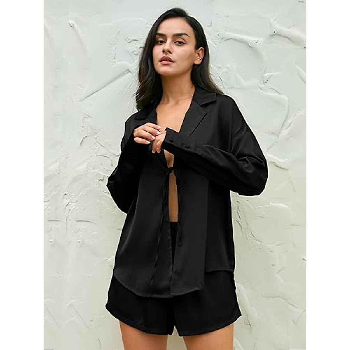 DEEP SELF Women's Silk Pajama Sets Tie Front Long Sleeve Shirts and Shorts Satin Pj Set Soft Two Piece Sleepwear with Pockets (Black, Medium)