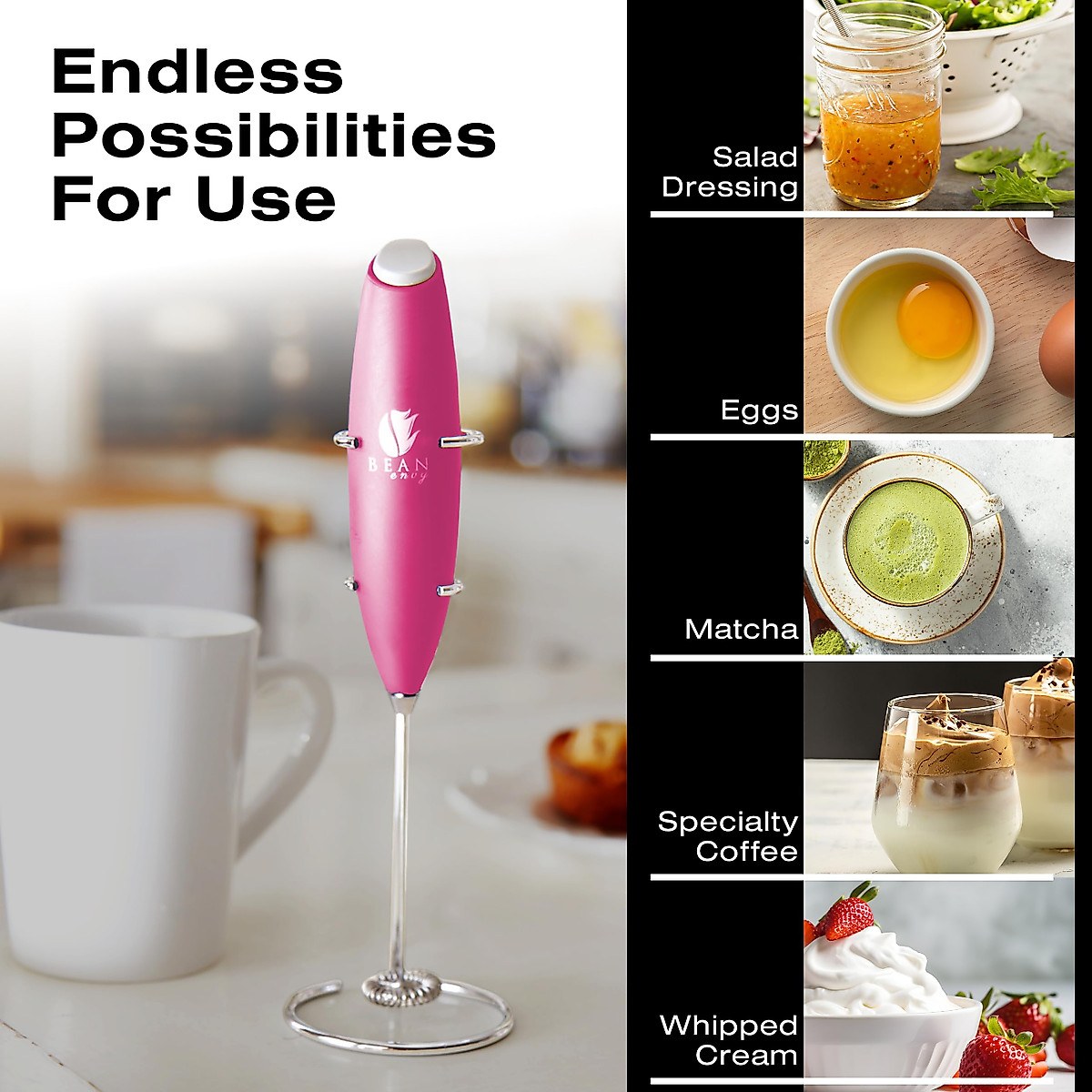 Bean Envy Milk Frother Handheld for Coffee - Electric Hand Blender, Mini Drink Mixer Whisk & Coffee Foamer Wand with Stand for Lattes, Cappuccino, Matcha and Hot Chocolate - Kitchen Gifts - Raspberry