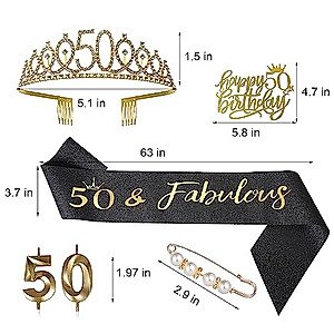 50th Birthday Decorations for Women，Gold 50 Birthday Crown Tiara ，Cake Topper, Birthday Sash with Peal Pin and Birthday Candles Kit,50th Birthday Gifts for Women