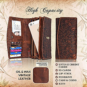 LEVOGUE RFID Flower embossed Leather Wallet for Women-Multi Credit Card Slots,Mobile case Coin Purse with ID Window-by VALENCHI (Cognac Vintage)