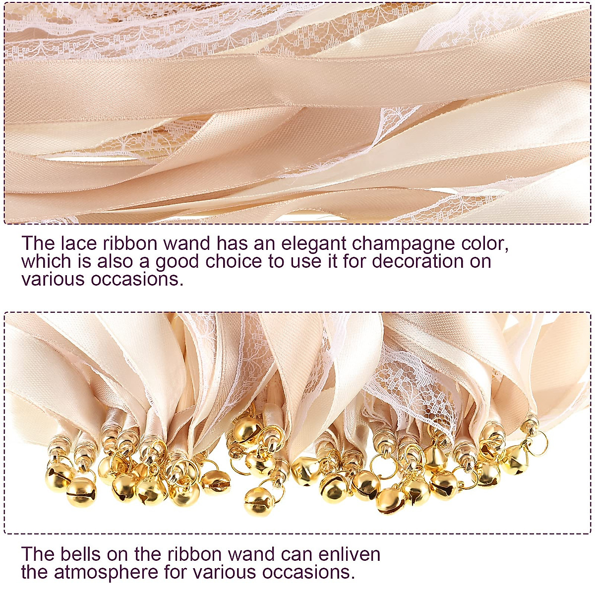Sumind 40 Pieces Ribbon Wedding Streamers with Bells, Lace Fairy Wand Stick Party Ribbon Streamers Chromatic Silk Streamers for Party, Birthday and Holiday (Champagne)