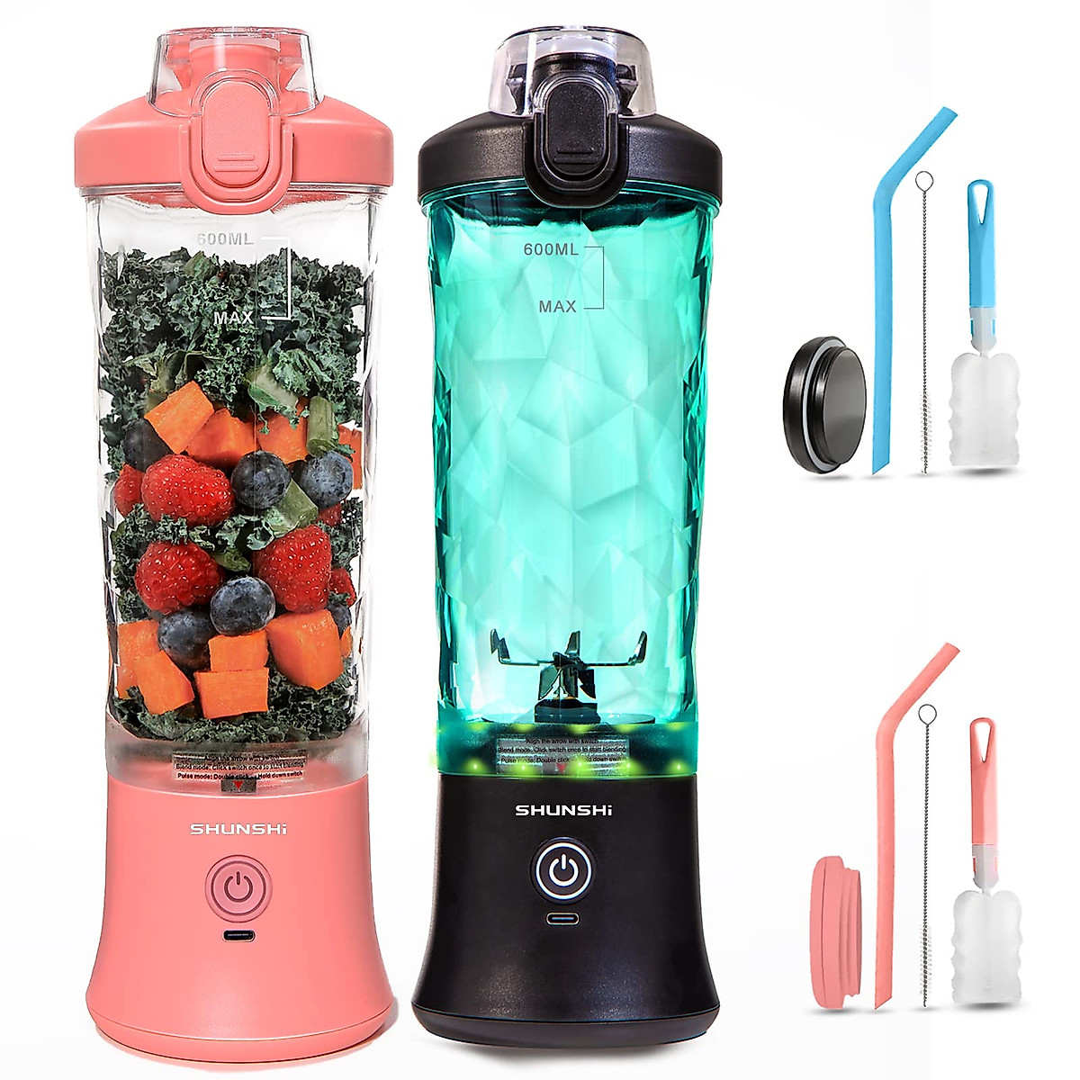 2 Portable Blender, Personal Size Blender for Shakes and Smoothies with 6 Blades Mini Blender 20 Oz for Kitchen,Home,Travel(Pink+Black)
