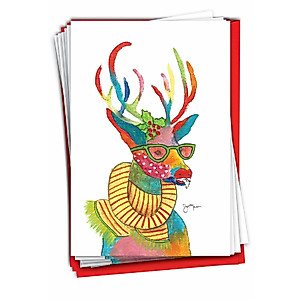 NobleWorks 12 Christmas Greeting Cards Bulk Box Set with 5 x 7 Inch Envelopes (1 Design, 12 Each) Fancy Reindeer - Scarf C6751BXSG-B12x1