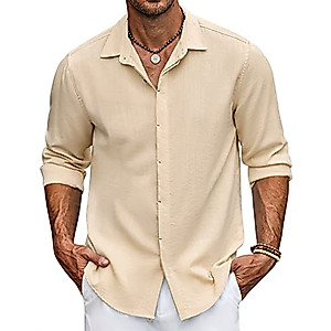 COOFANDY Men Beach Shirts Casual Cotton Linen Long Sleeve Slim Fit Summer Shirts Stone