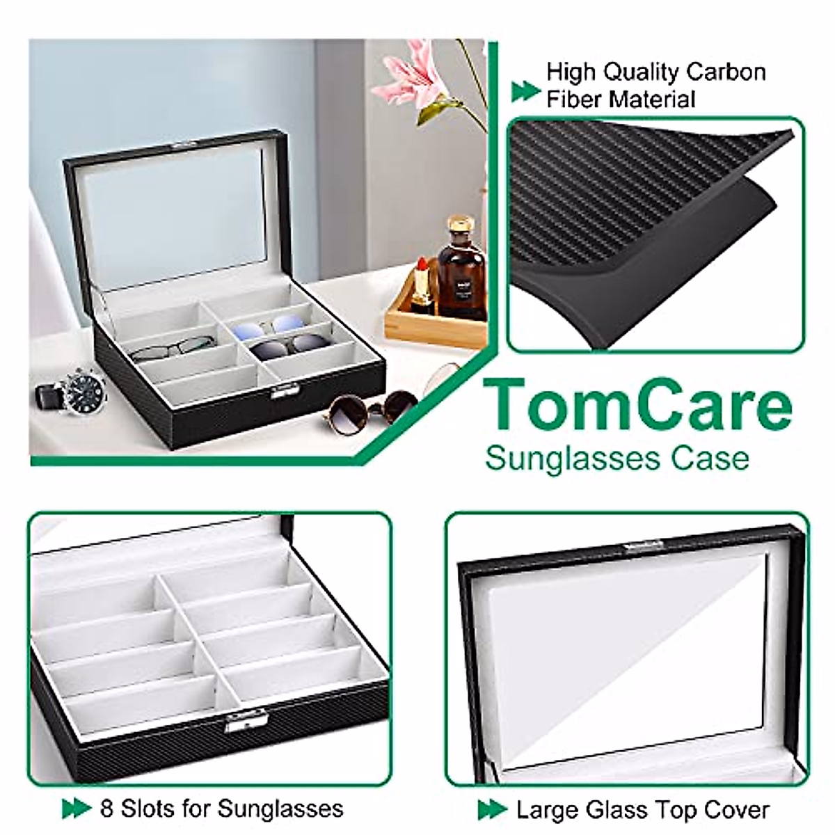 TomCare Sunglass Organizer Glasses Holder Glasses Case Sunglass Case Storage Box with 8 Slots Eyeglasses Display Case Holder Jewelry Watch Organizer Glasses Display Drawer Lockable Case Black