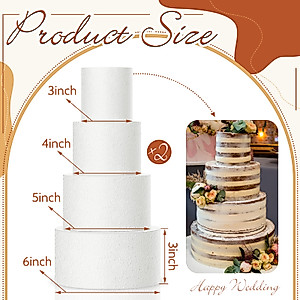 2 Pcs 4 Tier Round Foam Cake Dummies Fake Cake Dummy Set for Wedding Supplies Baby Shower Birthday Decorating Display, White (3/4/5/6 x 12 Inch)