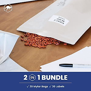 Wallaby 30 Count 2.5-Gallon Gusset Mylar Bags with Labels, 15 Mil Total Thicker Long-Term Food Storage Pouches, 12x18 Stand-Up Zipper Heat-Sealable Airtight Packaging - Silver