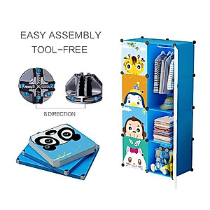 MAGINELS Children Wardrobe Kid Dresser Cute Baby Portable Closet Bedroom Armoire Clothes Hanging Storage Rack Cube Organizer(Blue, 6 Cube & 1 Rod)
