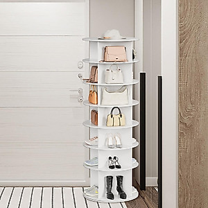 GOOFCXO 7 Tier Rotating Shoe Rack Tower, 360° Revolving Free Standing Shoe Organizer High Bottom Design Shoe Tower Spinning Storage Lazy Susan Multifunctional Rotate Shoes Closet Organization (White)