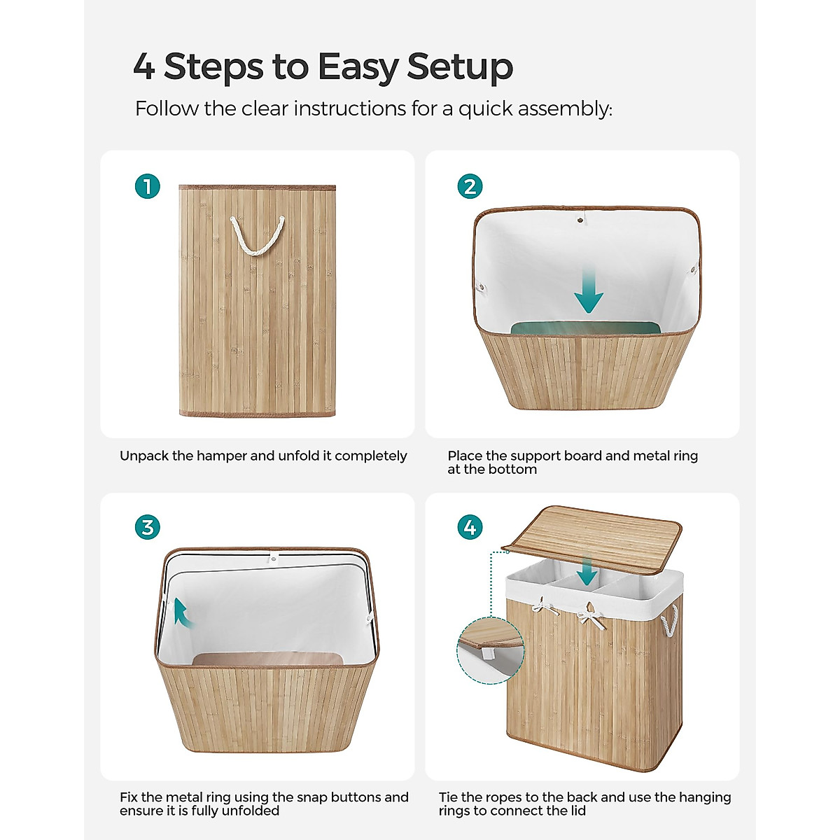 SONGMICS Laundry Hamper, 39.6 Gallons (150L), 3-Section Laundry Basket, Laundry Hamper with Lid, Bamboo, Foldable, Removable and Machine Washable Liner, for Laundry Room, Bedroom, Natural ULCB091N01