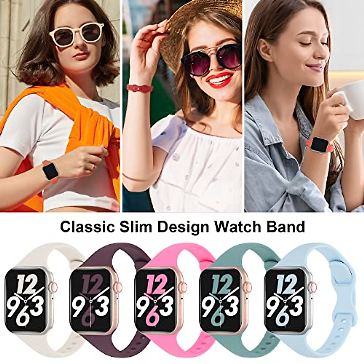 TSAAGAN 5 Pack Silicone Slim Bands Compatible with Apple Watch Band 38mm 42mm 40mm 44mm 41mm 45mm 49mm, Soft Narrow Sport Strap Thin Wristband for iWatch Ultra Series 8/7/SE/6/5/4/3/2/1 Women Men