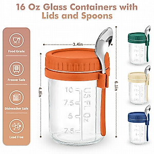DRKIO 4 Pack Glass Overnight Oats Containers with Lids and Spoons 16 Oz Mason Jars for Overnight Oats Jars Leak Proof Oatmeal Container Meal Prep Jar for Cereal Fruit Vegetable Milk Salad Yogurt
