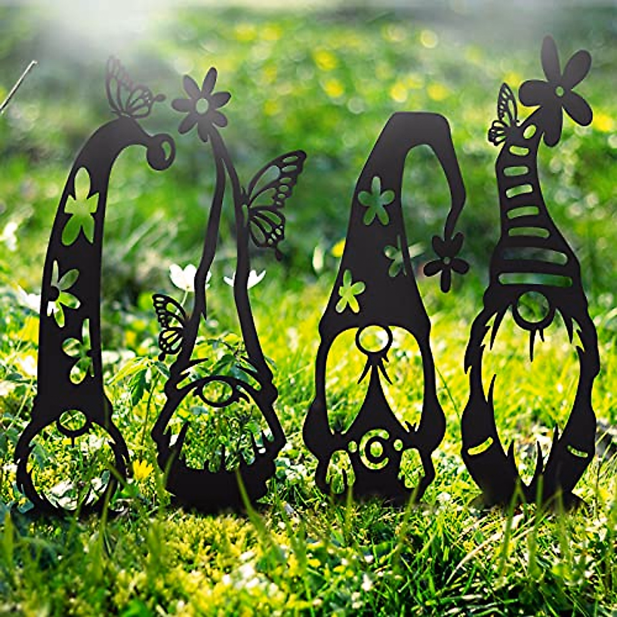 Garden Gnomes, Sanyi Gnomes Garden Decorations for Yard, 23" Large Garden Stakes Decorative, Hollow Out Silhouette Metal Garden Decor for Lawn, Metal Yard Art (4 PCS)