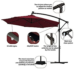 SERWALL 10FT LED Offset Patio Umbrella, Solar Light Cantilever Umbrella, Market Outdoor Hanging Deck Umbrella for Pool, Yard, Garden (Red)