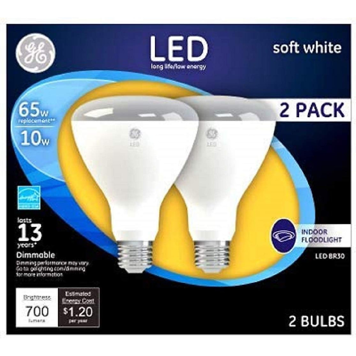 GE Lighting Indoor Floodlight Led Bulb, Dimmable, Br30, Soft White, 700 lumens, 10w (65 W Replacement) 2-pk