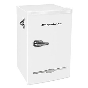 Frigidaire Retro Compact Fridge with Chiller, 3.2 cu ft Countertop Fridge with Built-In Bottle Opener, Compact Refrigerator for Office, Bedroom, Dorm Room or Cabin - 16.5" D x 19" W x 31" H (White)