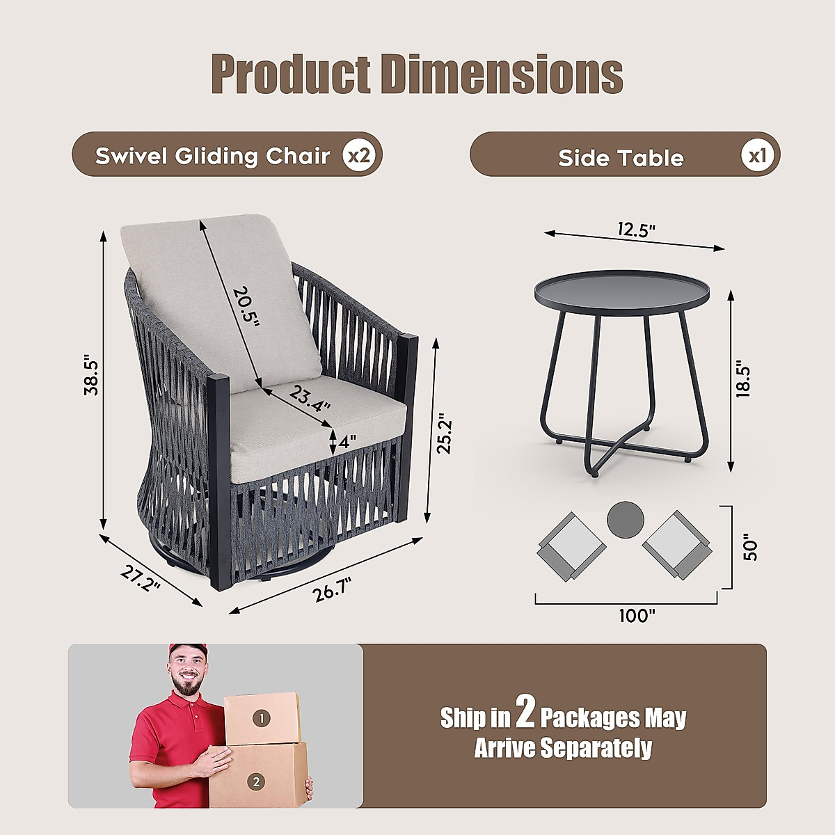 Yechen 3 Pieces Patio Bistro Set - Outdoor Swivel Bistro Table and Chairs Set of 2 with Cushion, High Back Patio Chairs Set of 2 with Metal Side Table, for Backyard Deck Porch Balcony
