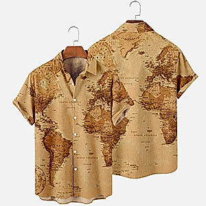 hhaappyy Hawaiian Shirt for Men Funky Casual Button Down Short Sleeve Unisex Beach Shirts Fashion World Map Print Summer Tops, 03-gold, X-Large