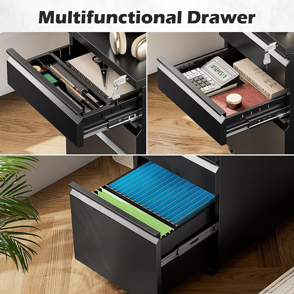 DUMOS 3 Drawer File Cabinet with Lock Metal Small Mobile Rolling Under Desk Storage for Home Office, Black
