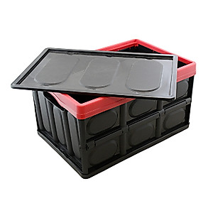 Dependable Industries inc. Essentials Collapsible Storage Box Foldable Utility Bin with Lid for Home Storage Office Auto Trunk Organization - Black with Red - 100's of Uses