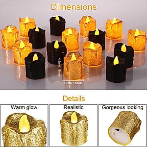 24 Pack Gold Glitter LED Tealights with Dripping Wax Design Black Flameless Candles Battery Operated Votive Tea lights of Warm Yellow Light Decor for Christmas Wedding Centerpieces Table Anniversary