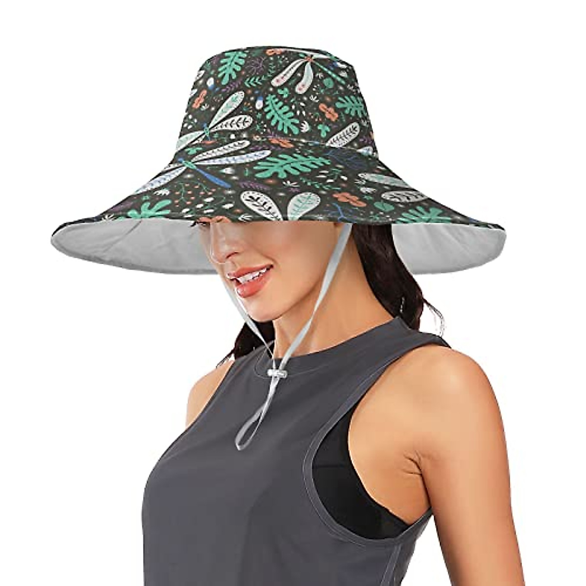 Kigai Acorns and Dragonflies Sun Hat Wide Brim Floppy Beach Hats for Women UV Protection Hat with Chain Strap for Outdoor Summer Camping Hiking