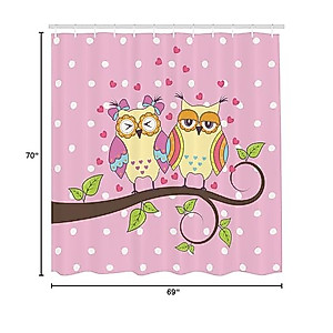 Ambesonne Owls Shower Curtain, Owls in Love on Branch Polkadots Leaves Hearts Romance Theme, Cloth Fabric Bathroom Decor Set with Hooks, 69" W x 70" L, Pale Yellow Apple Green
