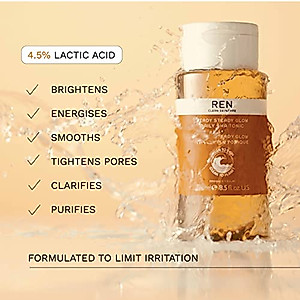 REN Clean Skincare Glow Tonic - Daily Facial Brightening - Exfoliate, Hydrate & Even Skin Tone with Resurfacing AHAs & BHAs - Cruelty Free & Vegan Pore Reducing Toner, 8.5 Fl Oz