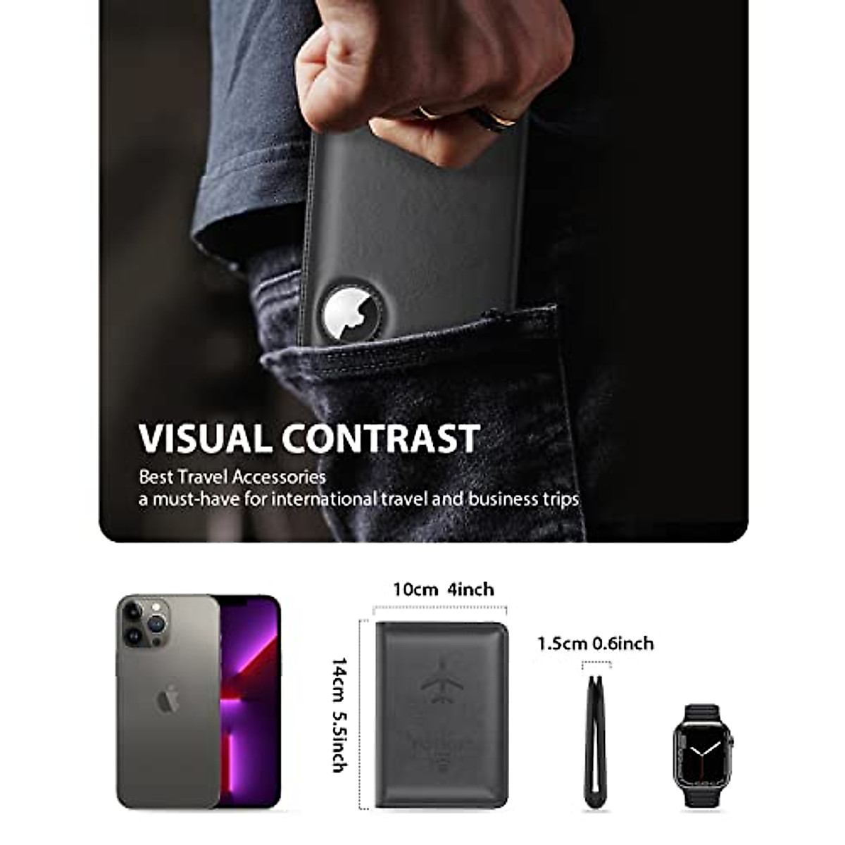 Stouchi AirTag Passport Holder, Passport Holder with Airtag Slot, Passport Wallet Cover for Men, Family Leather Passport Protector Case, Anti-Lost Travel Essentials, Grey