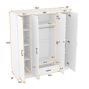 4 Door Wardrobe Armoire Closet with Storage Shelevs Freestanding Wardrobe Cabinet with One Drawer and Hanging Rod Clothes Cabinet Organizer for Bedroom, 59.2" L x 19.2" W x 67.9" H (White)