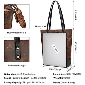 S-ZONE Leather Tote Bag for Women Genuine Leather Shoulder Purse Vintage Handbag Two Tone with a Luggage Sleeve