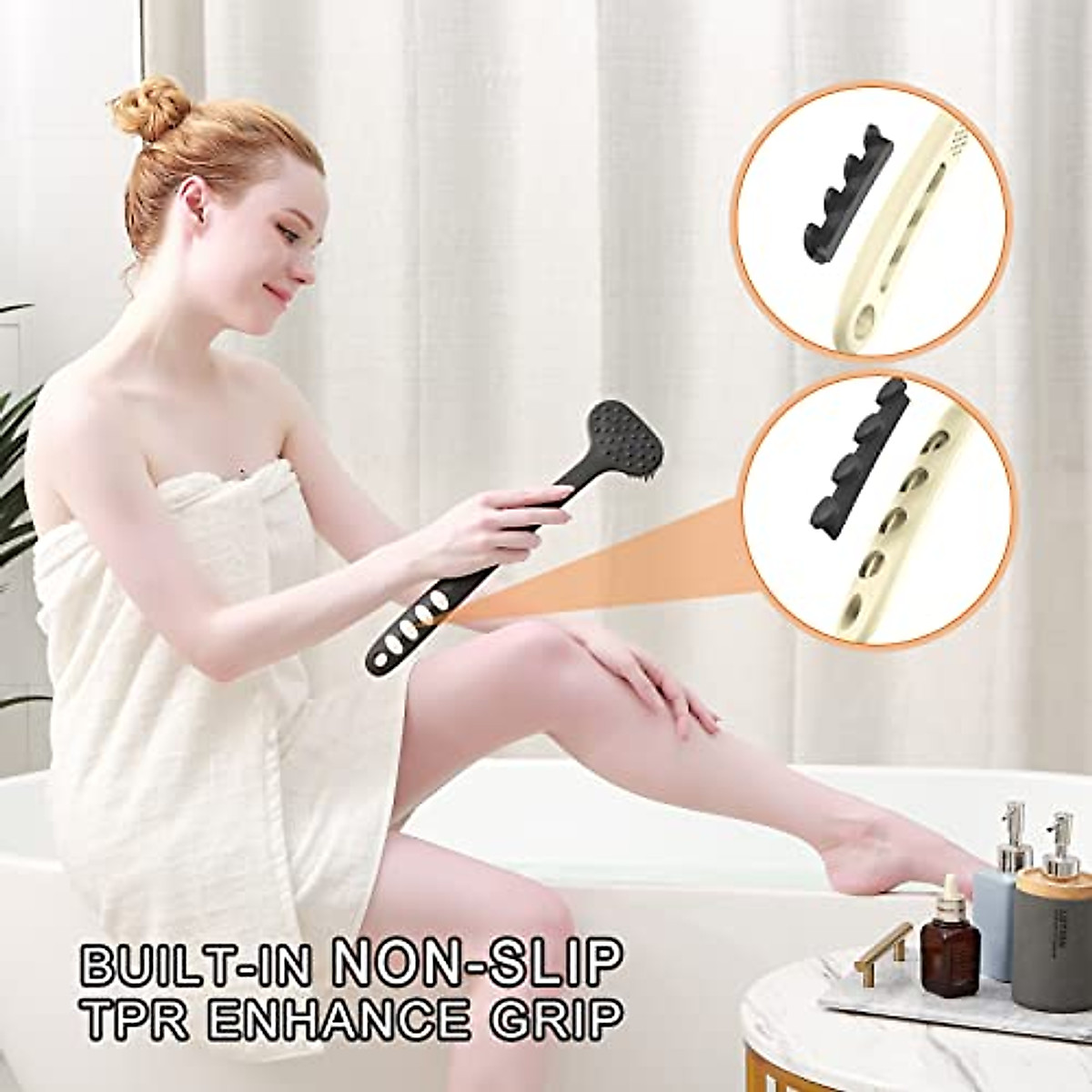 Bath Body Brush with Soft Bristles,Non-Slip Handle Built-in TPR Enhance Grip,15 in Long Handle Gentle Exfoliation Improve Skin's Health and Beauty for Women Men Shower Brushing (Black)